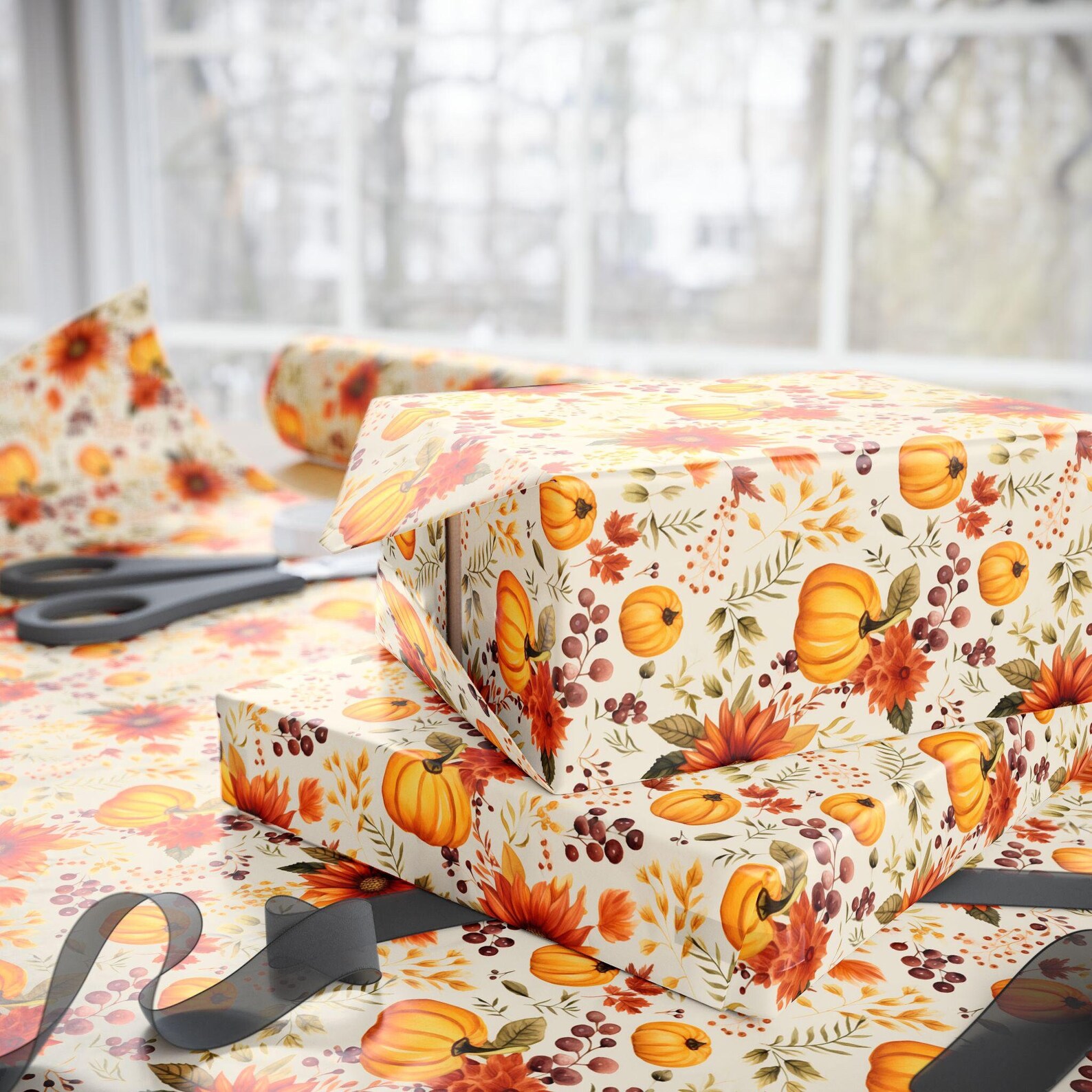 Autumn Harvest Bliss Wrapping Paper | Pumpkins, Fall Florals, & Berries ...