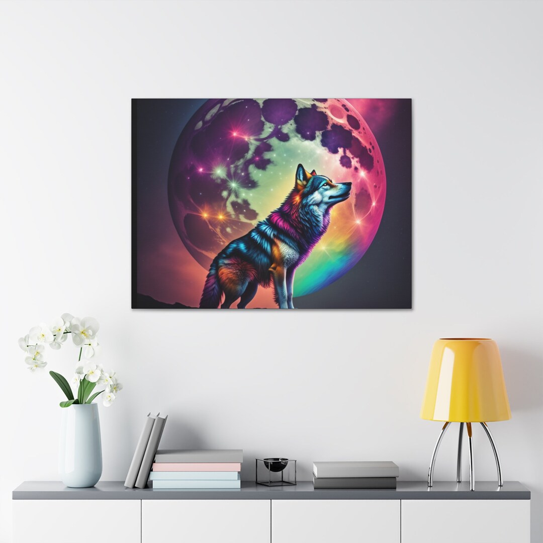 Neon Wolf Wall Art, Wolf Art, Wolf Decor, Rainbow Wolf, Full Moon Art ...