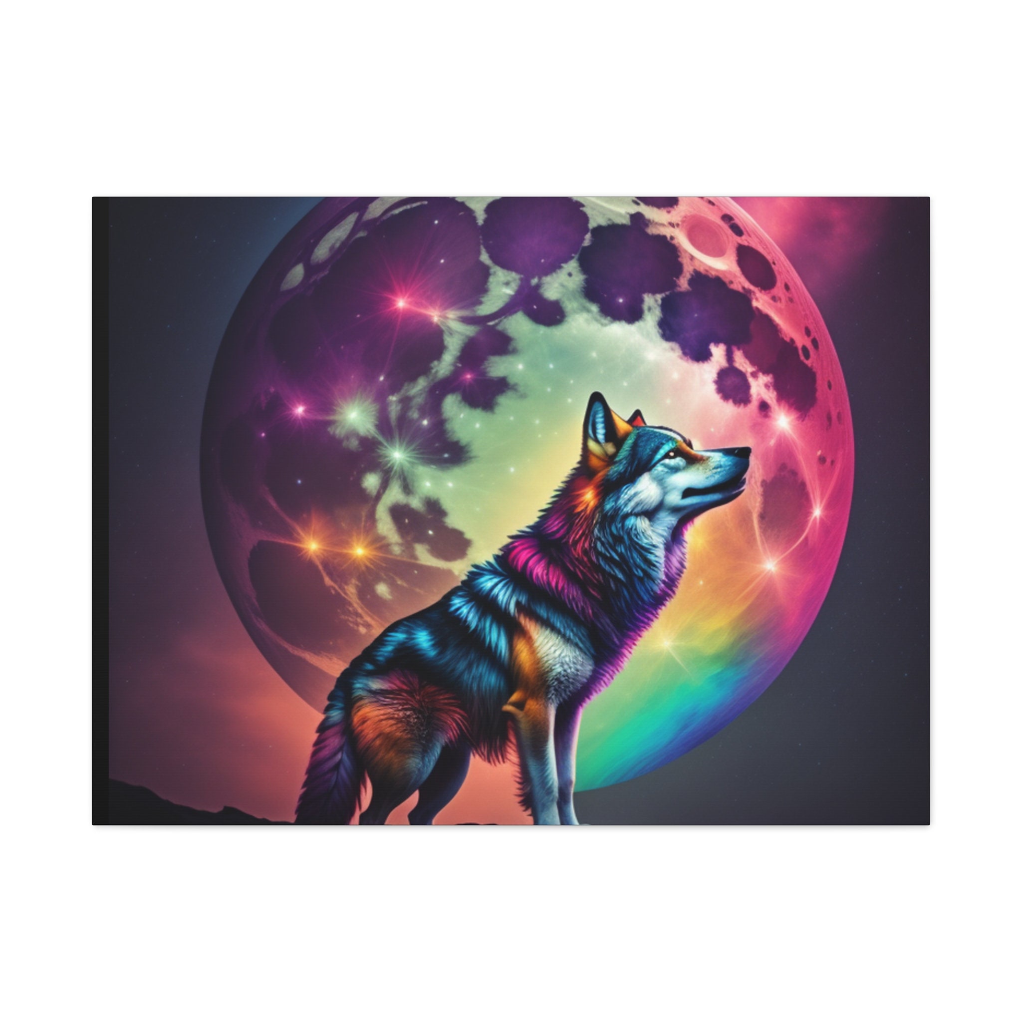 Neon Wolf Wall Art, Wolf Art, Wolf Decor, Rainbow Wolf, Full Moon Art ...