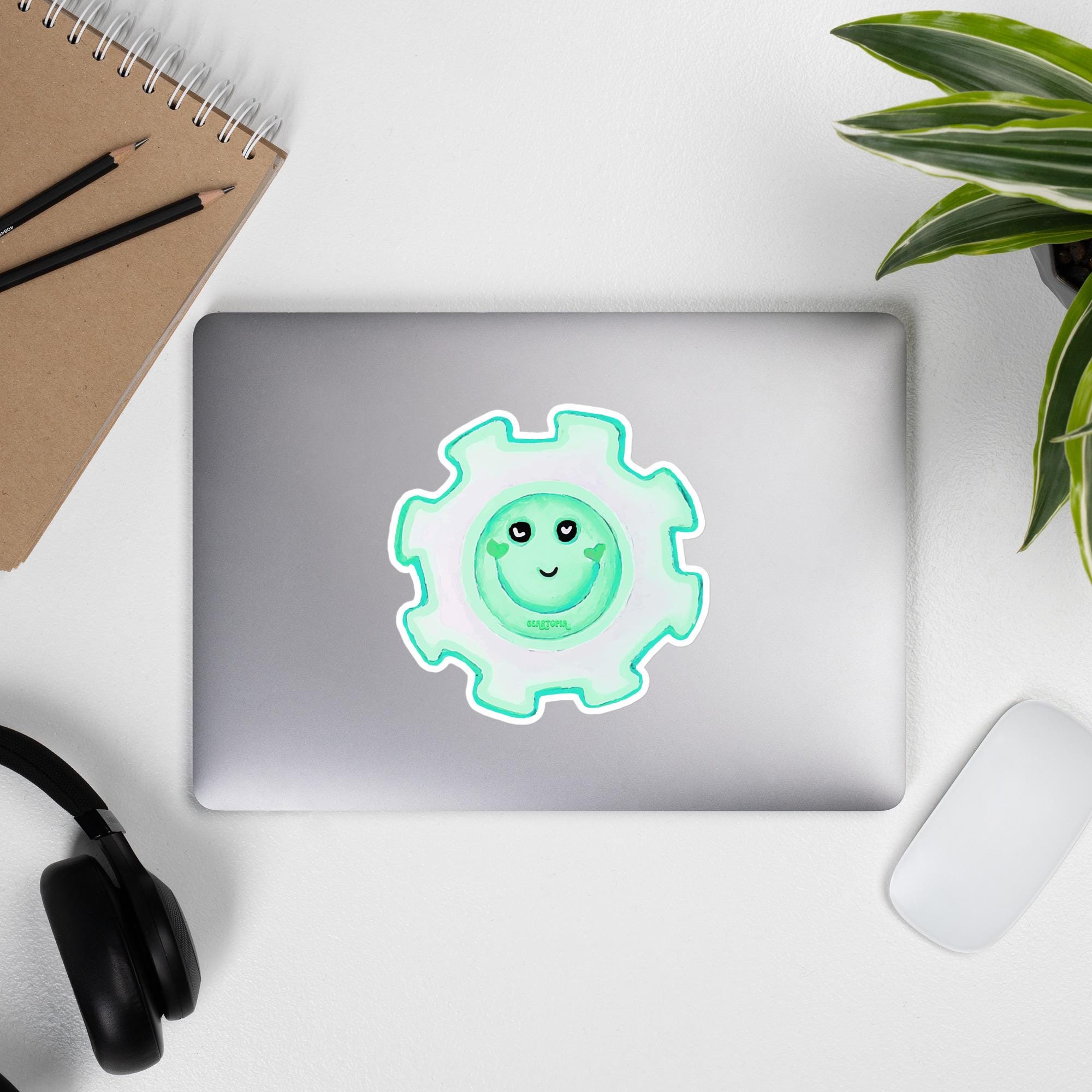 Aqua Smiley Face Geartopia Sticker – Whimsical Steampunk Sticker for ...