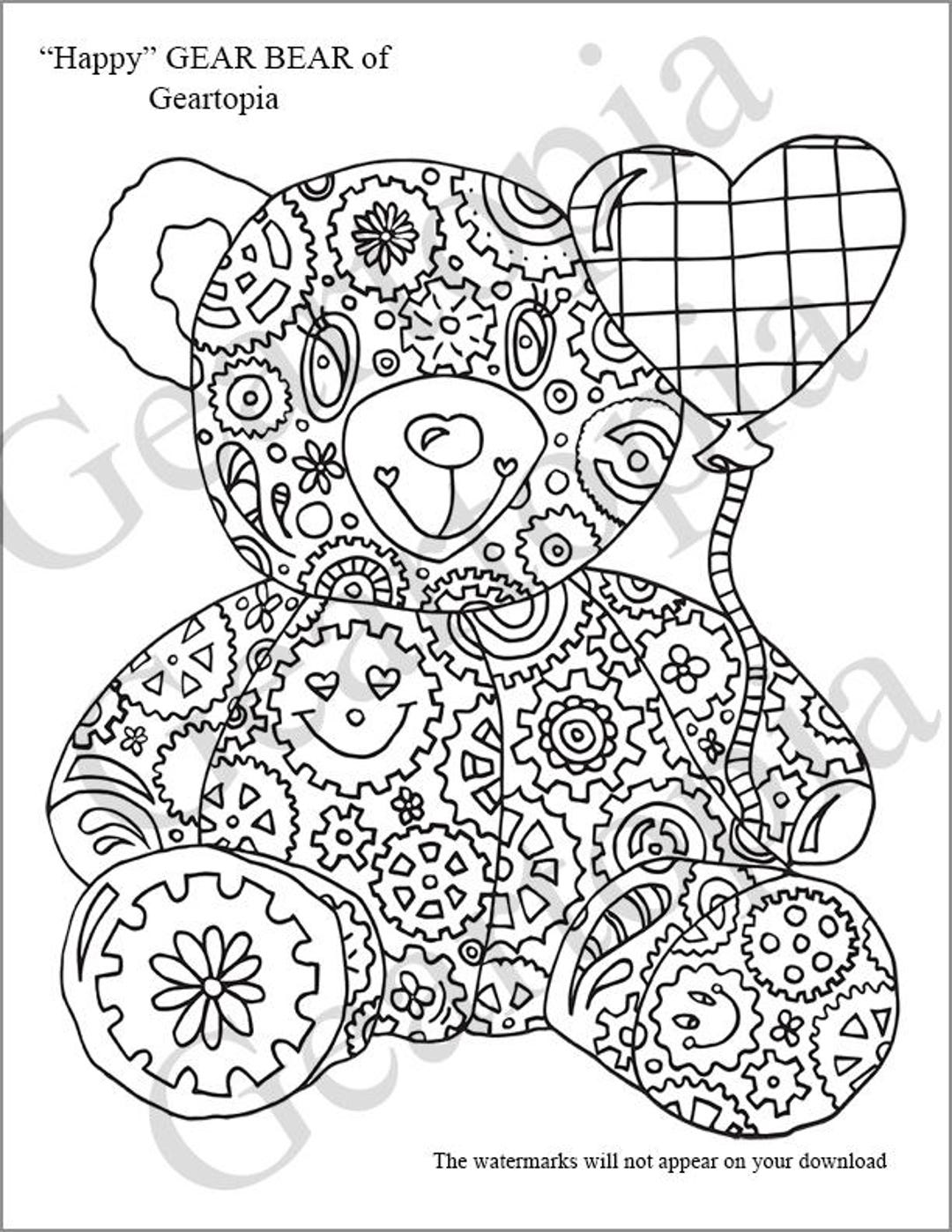 GEAR BEAR Coloring Page: Hand Drawn Teddy Bear Gears (PDF Printable ...