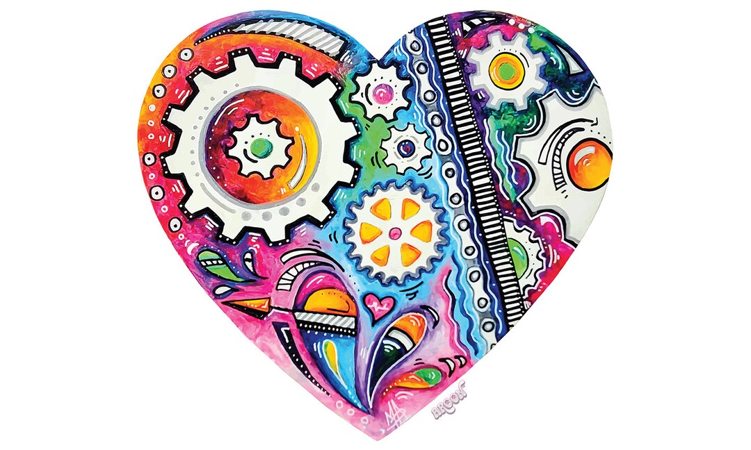 Doodle Gears Pop Art: Hand-painted Resin Wooden Heart Painting - Etsy