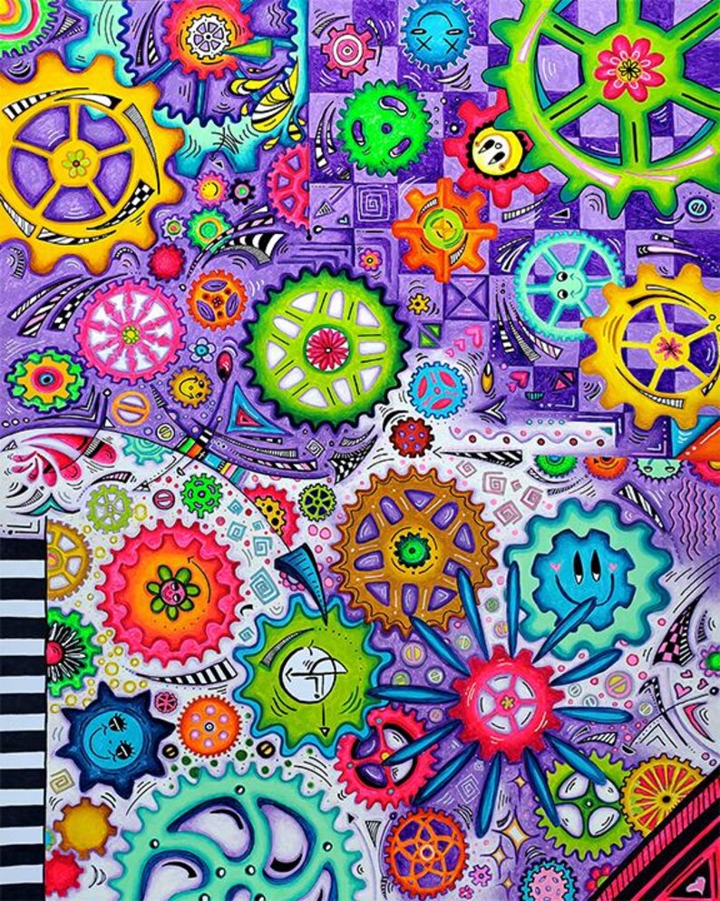 Original Handpainted Doodle Gears Pop Art Painting, Home Decor for ...