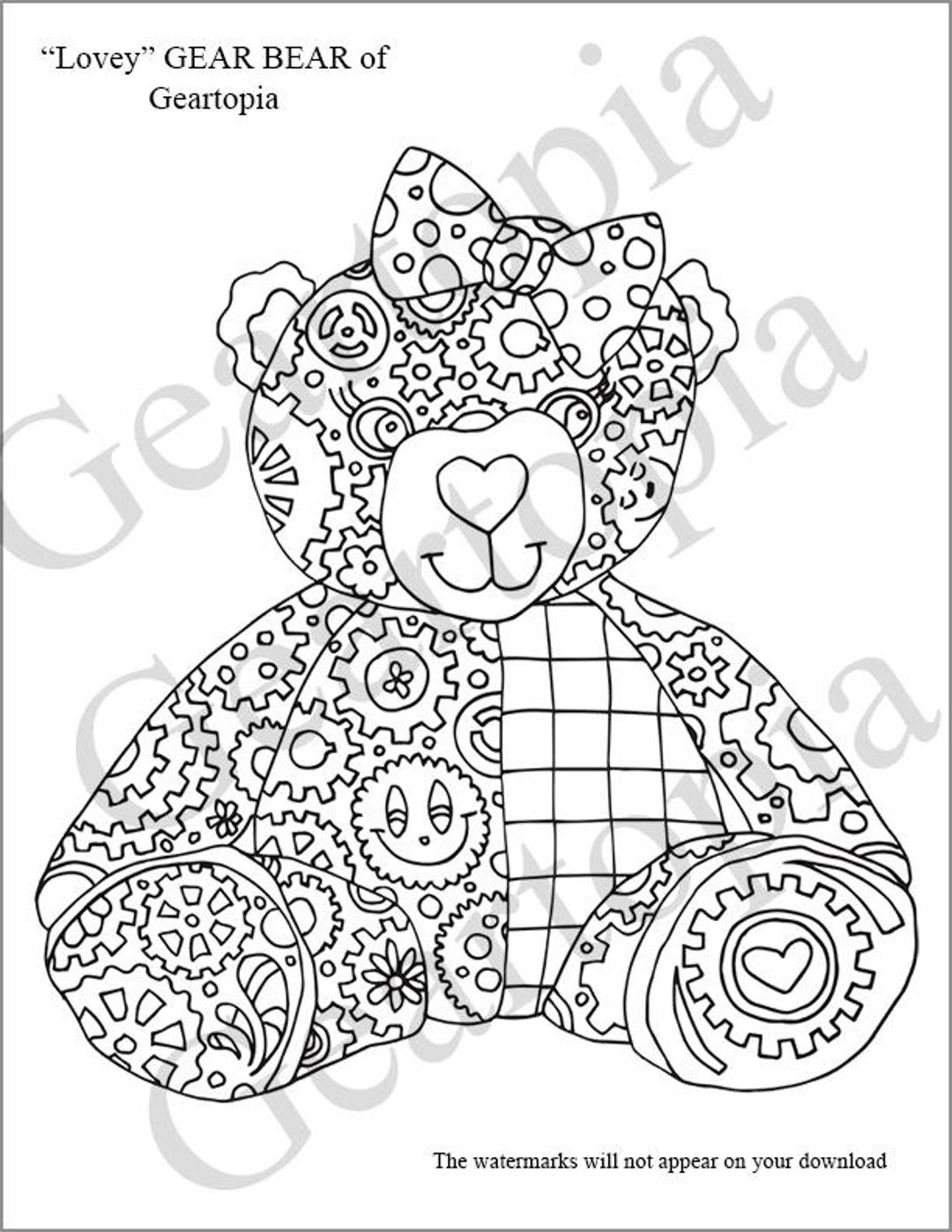 Gear Bear Coloring Page: Hand Drawn Teddy Bear Gears (PDF Printable) - Etsy