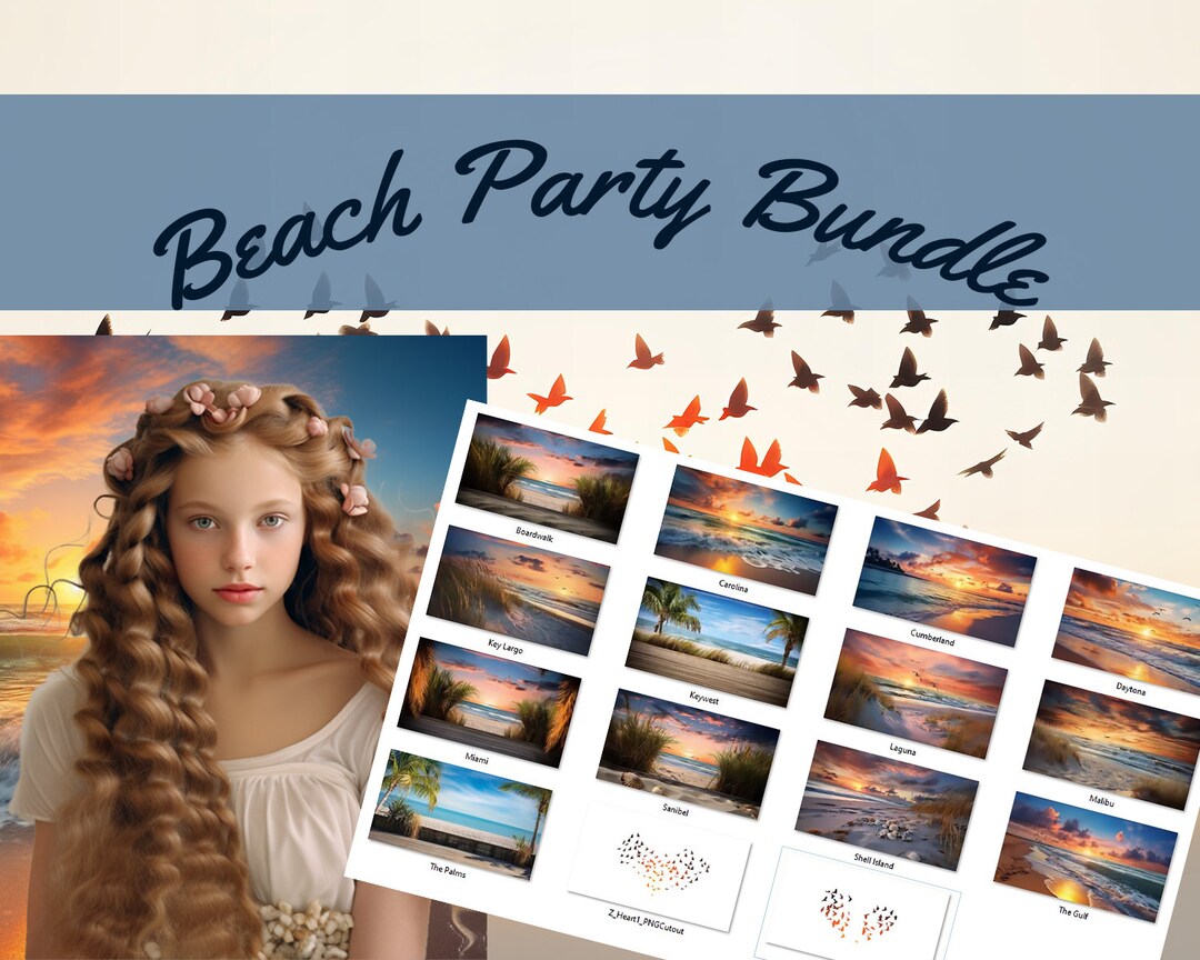 13 Beach Party Bundle Digital Backgrounds, and 2 Bird Heart Overlays ...