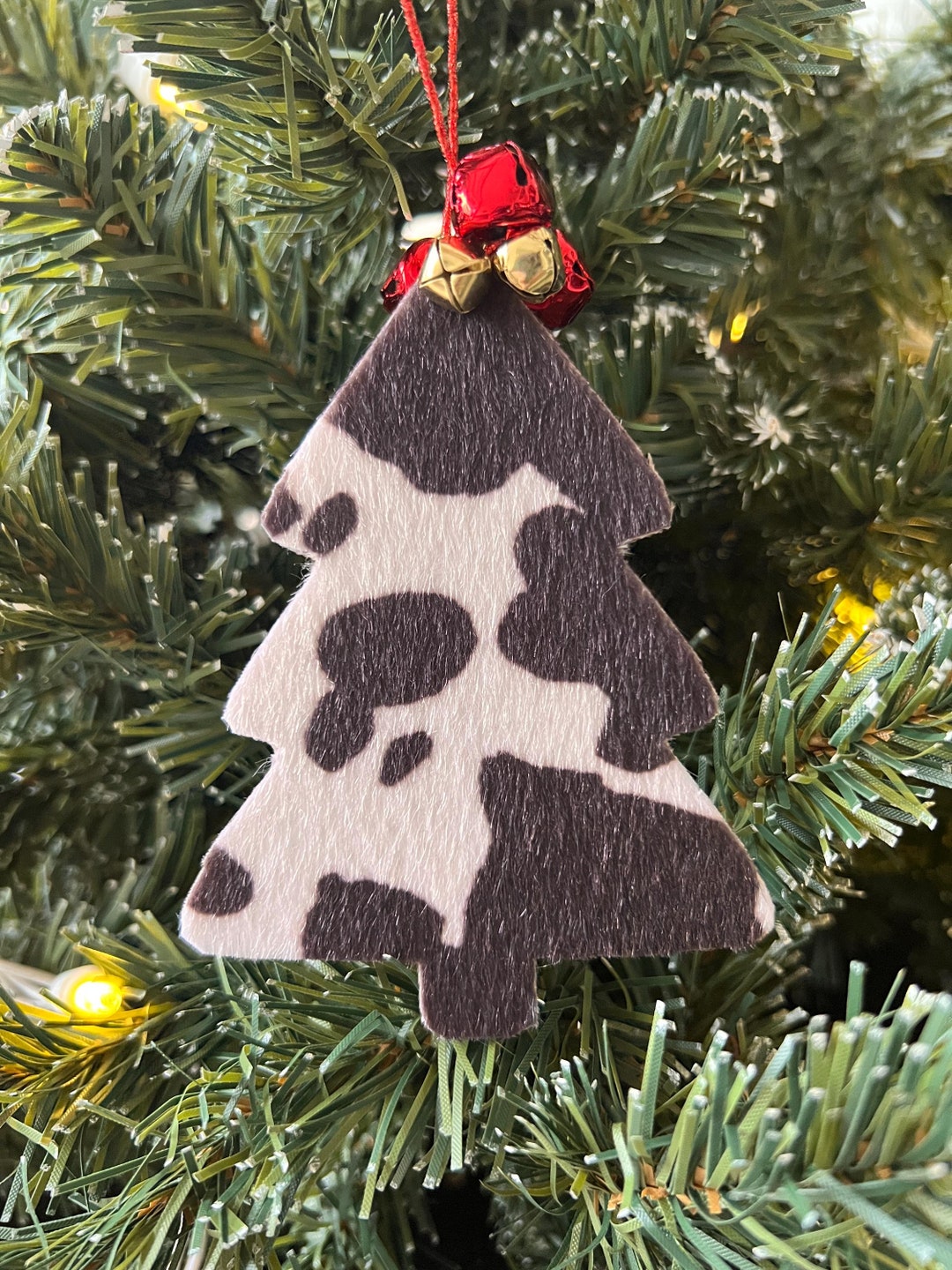 Christmas Cow Tree Ornament | Fuzzy Cow Print Ornaments, Cow Holiday ...