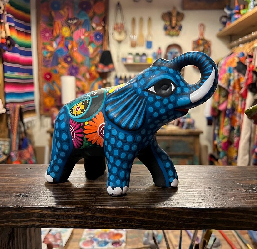 Handpainted Blue Elephant Alebrije - Clay Sculpture - Mexican Folk Art ...