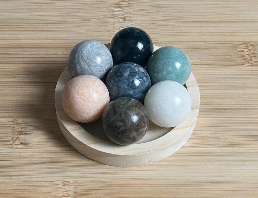 Set of 7 Unique Crystal Spheres With Display Plate – Natural Gemstone ...