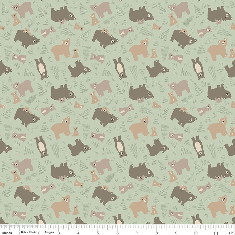 Elmer & Eloise Bears Tea Green Yardage by Deena Rutter of Riley Blake ...