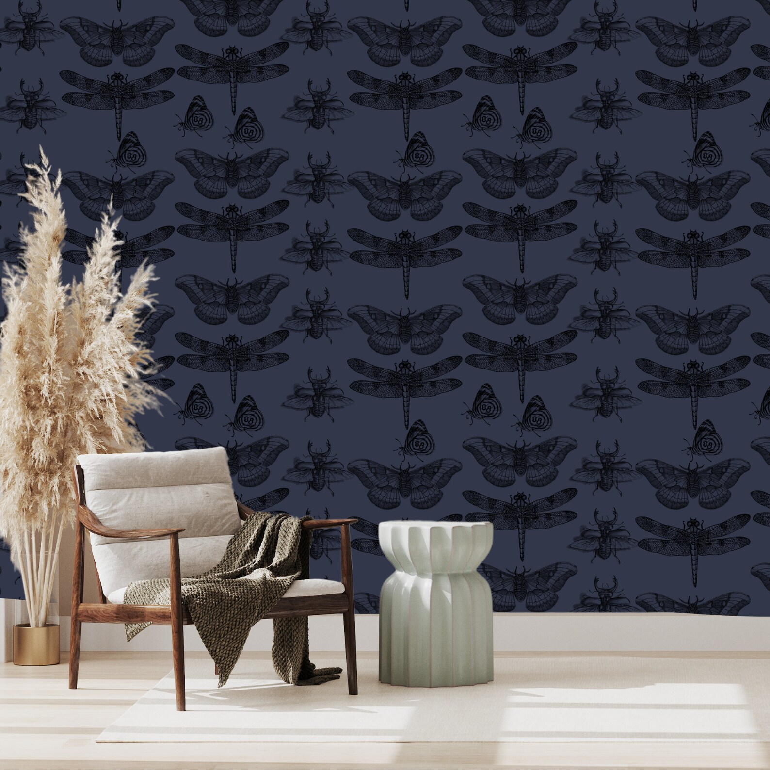 Blue Botanical Insect Wall Paper, Peel and Stick Wallpaper, Removable ...