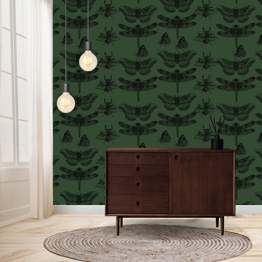 Green Botanical Insect Wall Paper, Peel and Stick Wallpaper, Removable ...