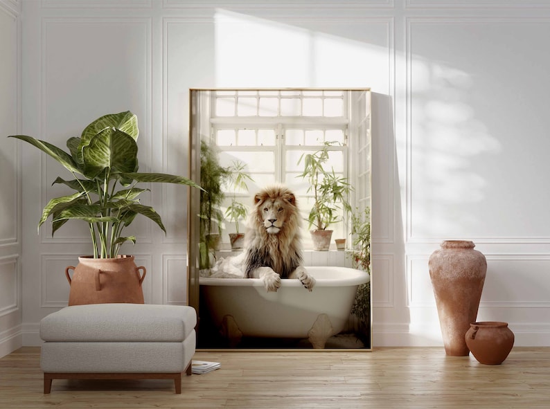 Lion in Tub Wall Art, Lion Art, Bathroom Art Print, Funny Bathroom Wall ...