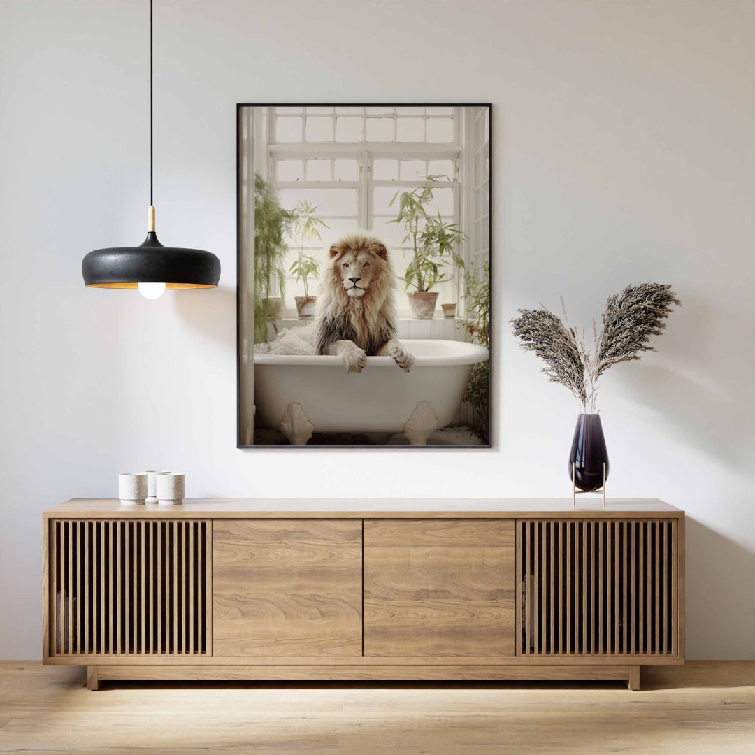 Lion in Tub Wall Art, Lion Art, Bathroom Art Print, Funny Bathroom Wall ...