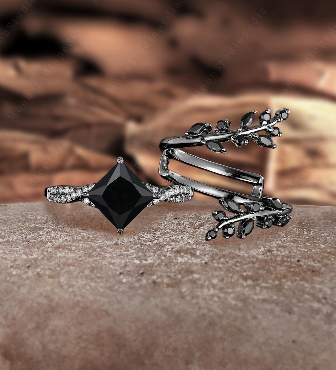 Art Deco Princess Cut Black Onyx Engagement Ring Set Unique Black Gold ...
