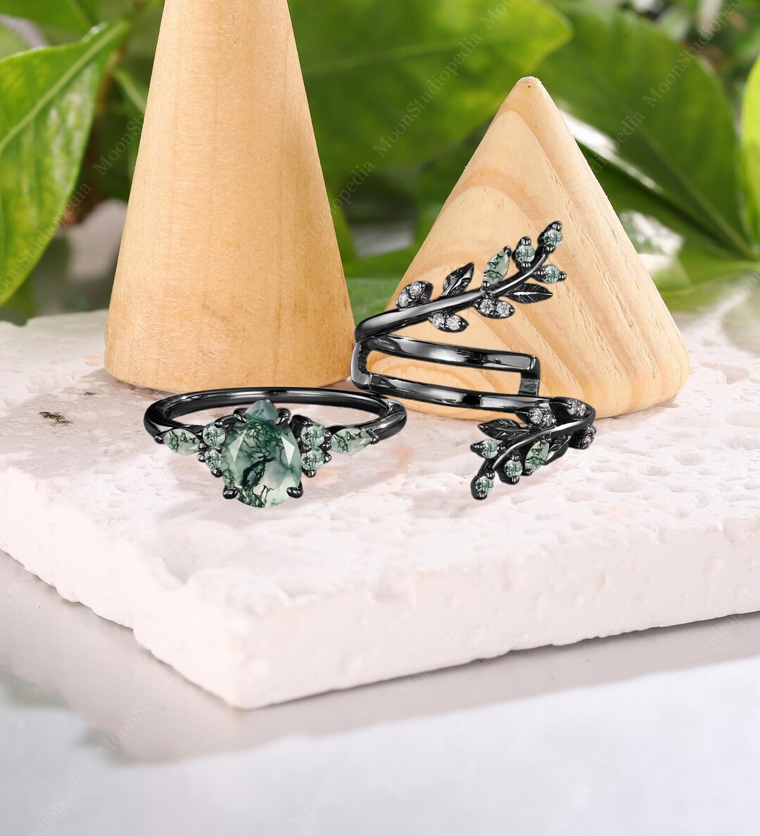 Unique Pear Shaped Moss Agate Engagement Ring Art Deco Leaf Bridal ...