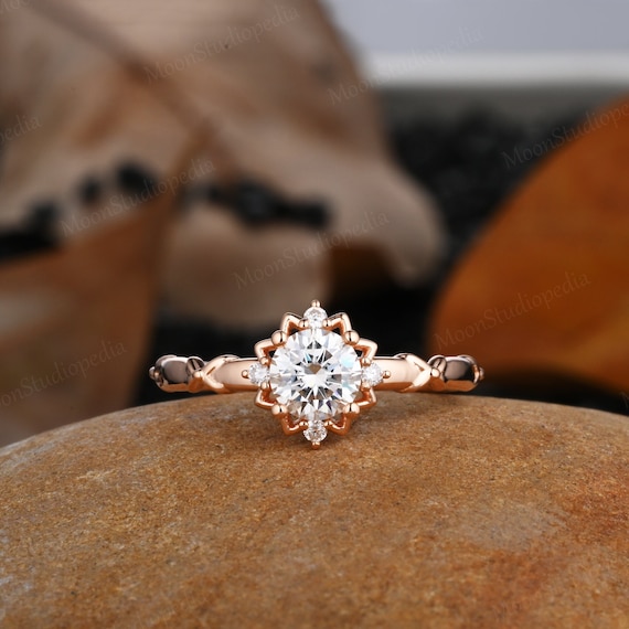 Round moissanite engagement ring vintage rose gold art deco diamond rings simple prong set ring unique promise anniversary wedding ring Etsy