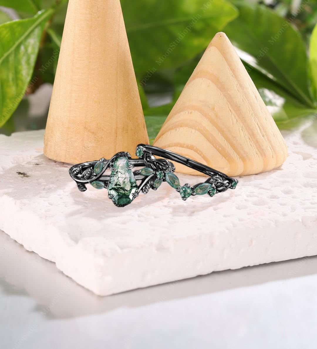 Gothic Coffin Shaped Moss Agate Engagement Ring Nature Inspired Leaf ...