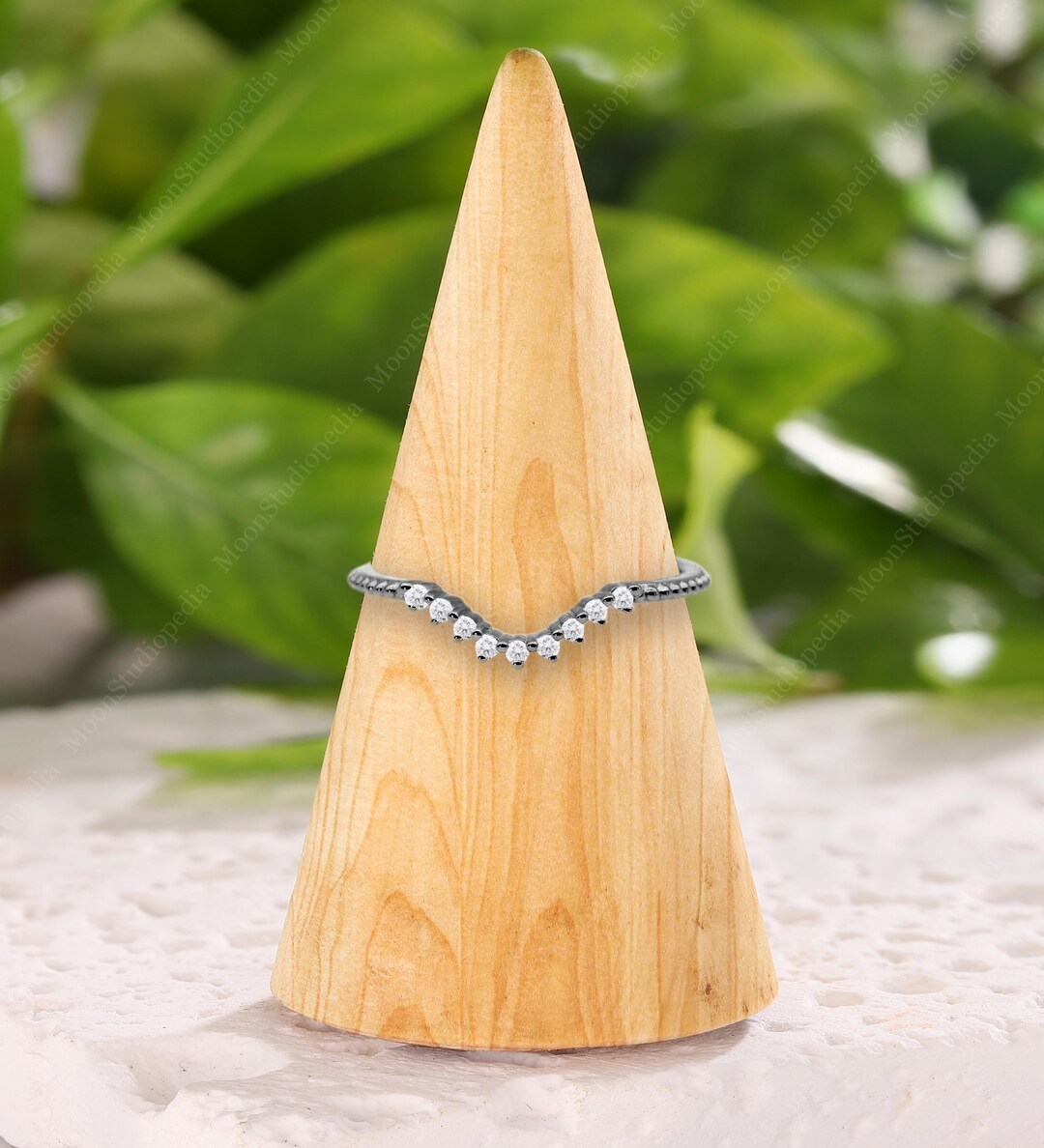 Gothic Cluster Round Cut Moissanite Curved Wedding Band Unique 10K/14K ...