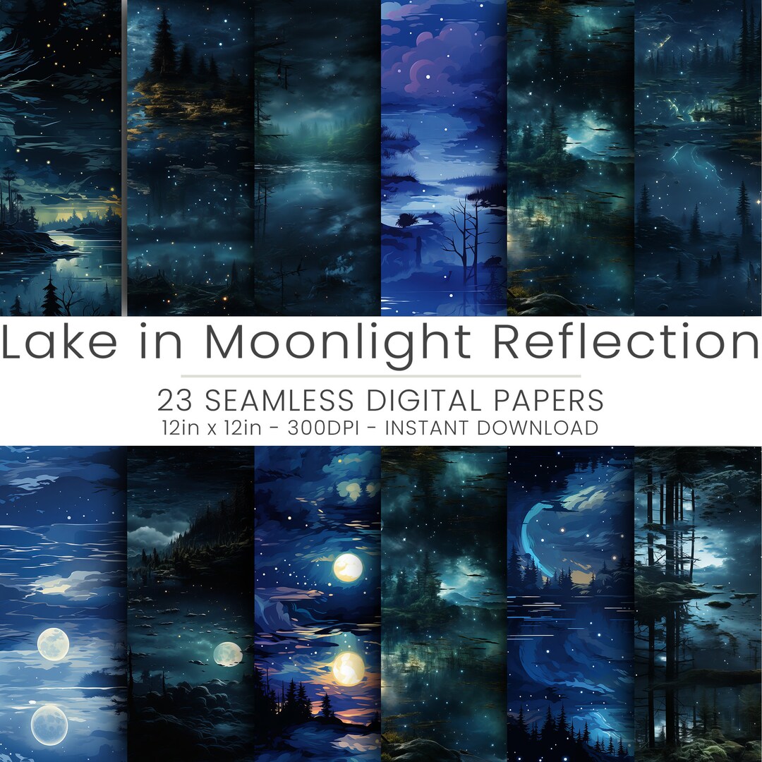 23 Lake in Moonlight Reflection Digital Paper, Repeating Pattern, Home ...