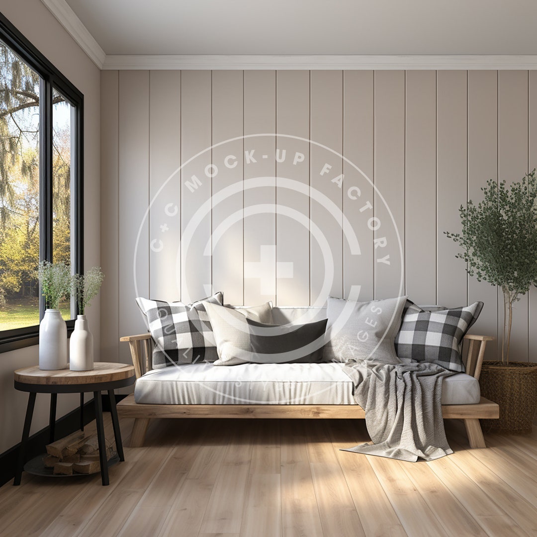 Farmhouse Blank Wall Mockup Photo With Fireplace - Natural Beige ...