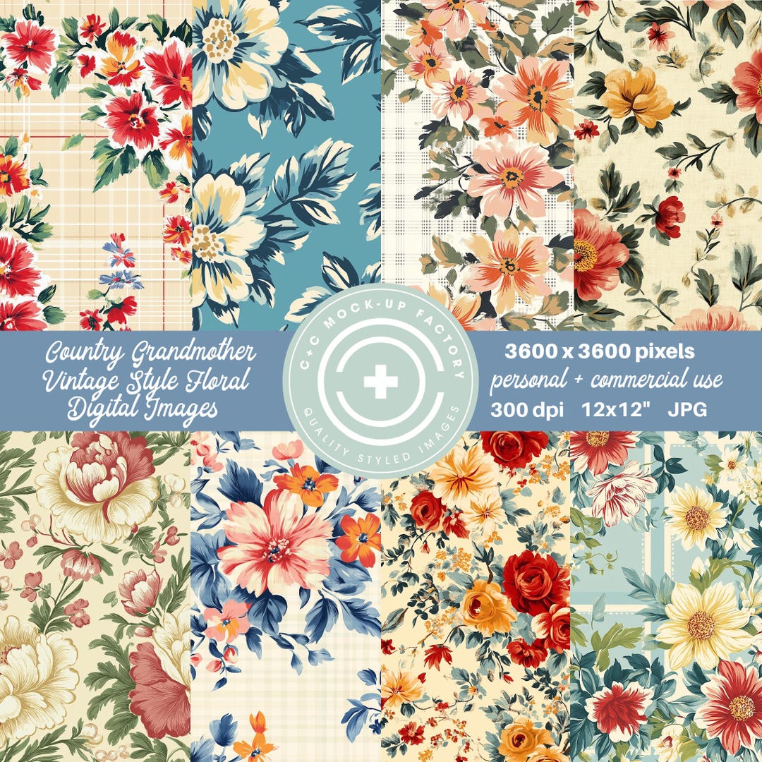 Pretty Floral Country Grandma Retro Seamless Digital Patterns, POD ...