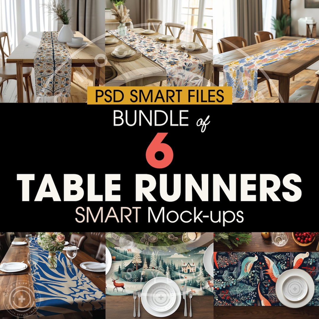 Table Runner Mockup BUNDLE of 6, Editable PSD Smart Photo Mockup, AOP ...