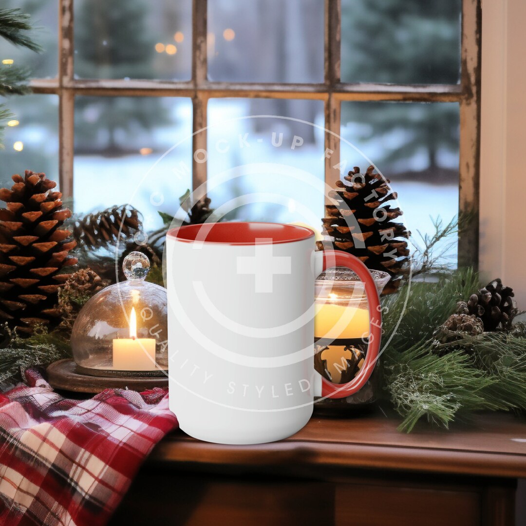 Christmas 15 Oz Red Handle Mug Mockup - Rustic Farmhouse Woodland ...