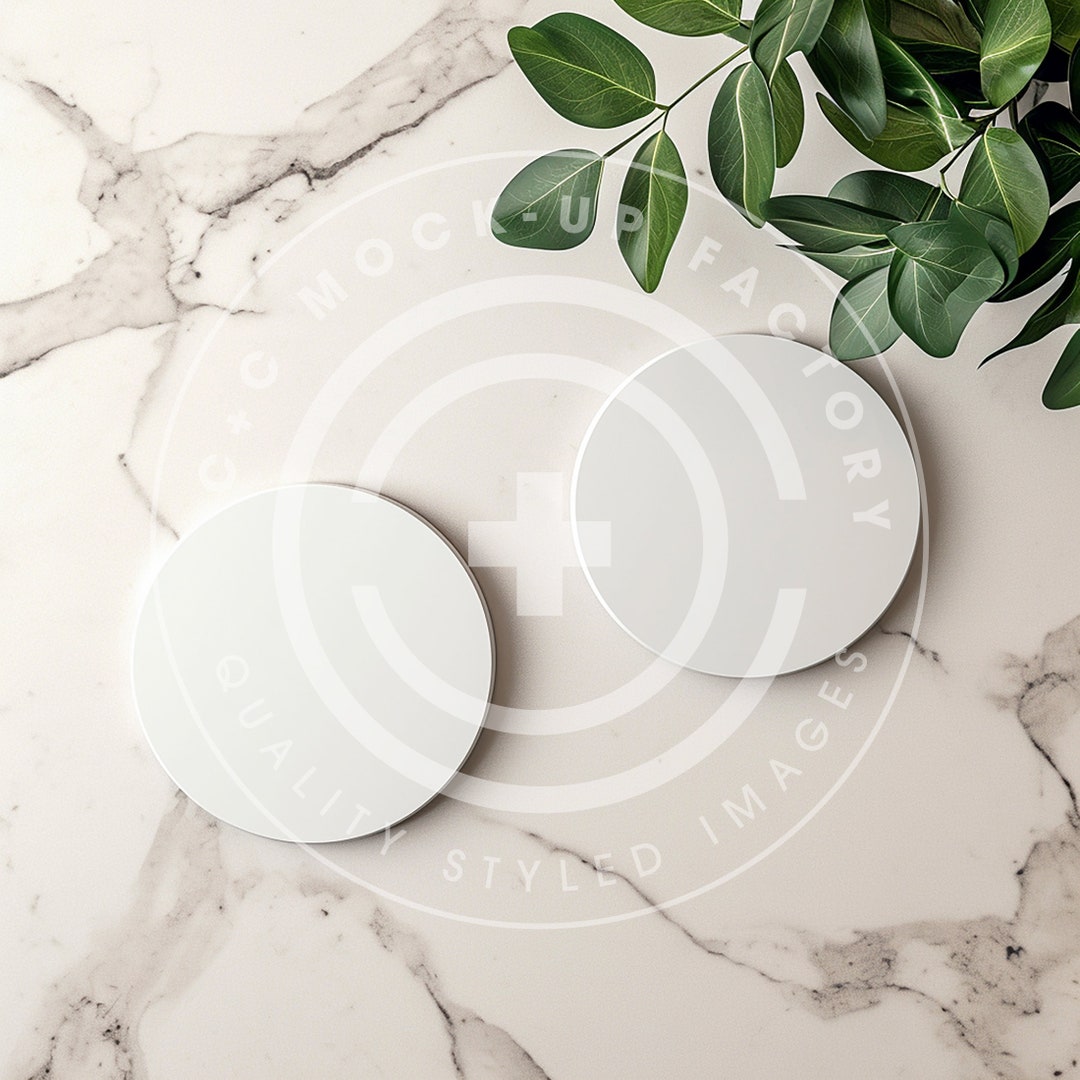 Round Ceramic 2 Coaster Mockup Photo With Cozy Greenery Branch ...