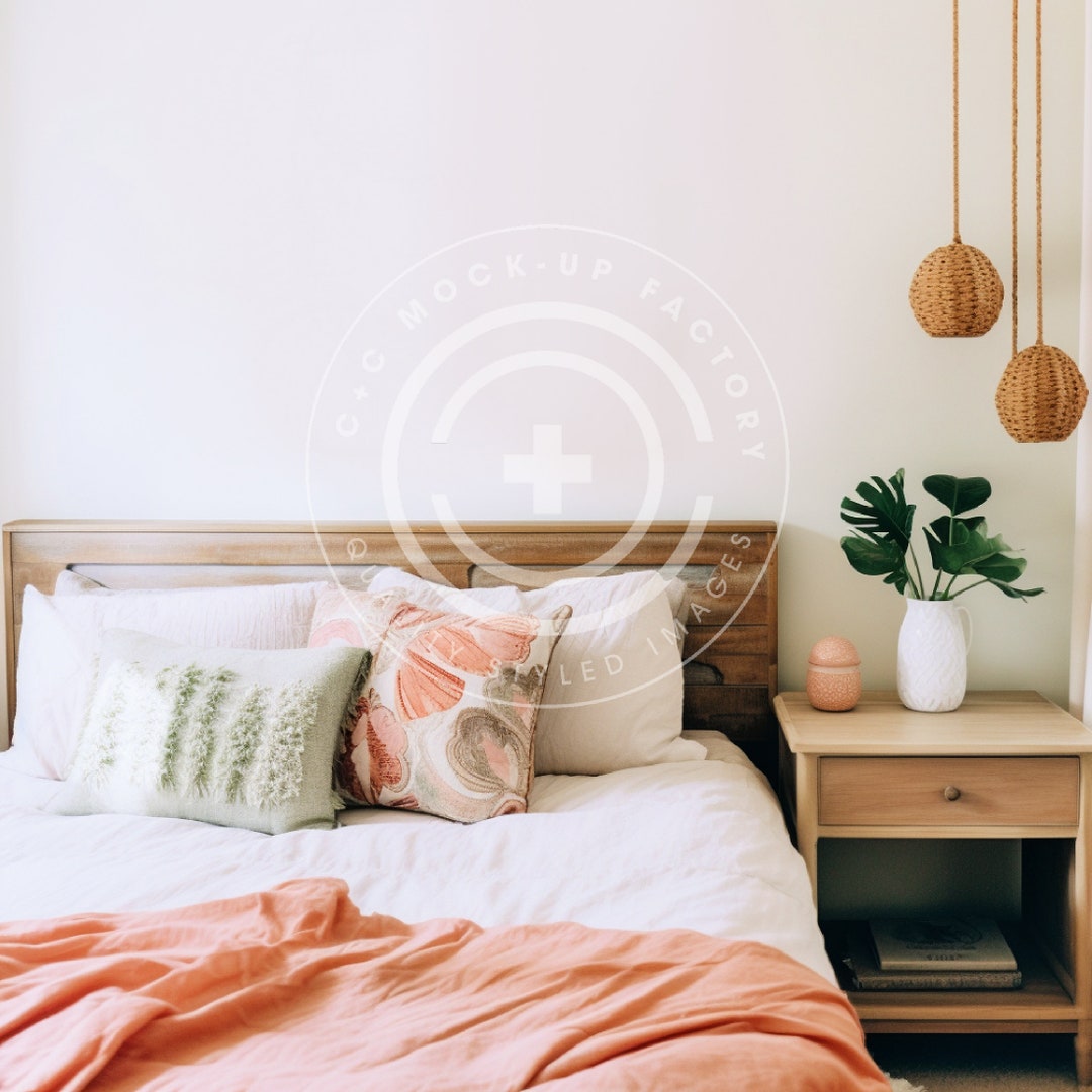 Bedroom Boho Blank Wall Mockup Photo - Modern Boho Hippie Aesthetic for Canvas Frames and Poster ...