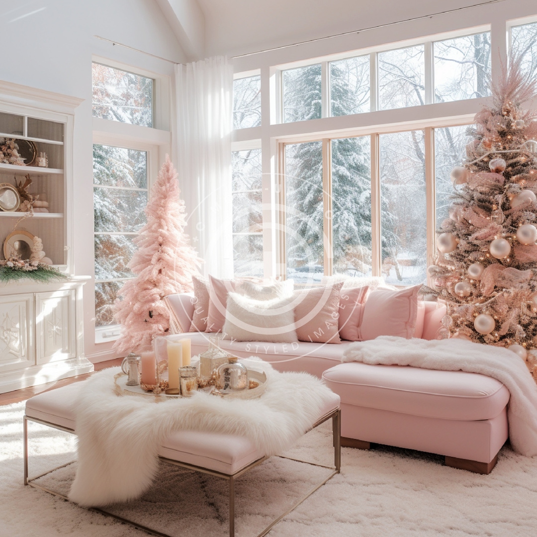 Pink Christmas Living Room Stock Image/mockup - Pastel Pink Holiday ...