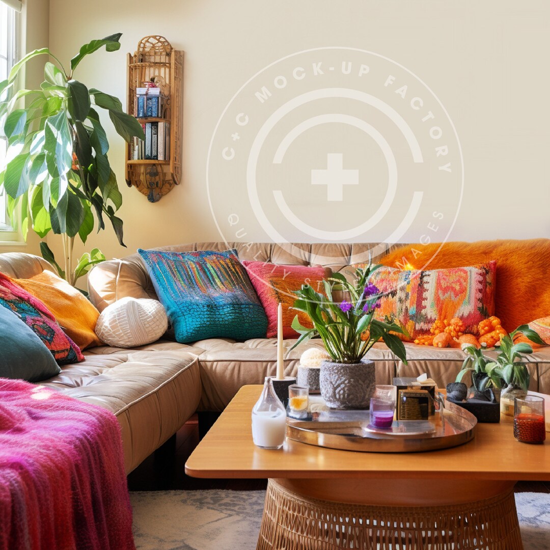 Living Room Boho Blank Wall Mockup Photo - Colorful Indie Boho Hippie ...