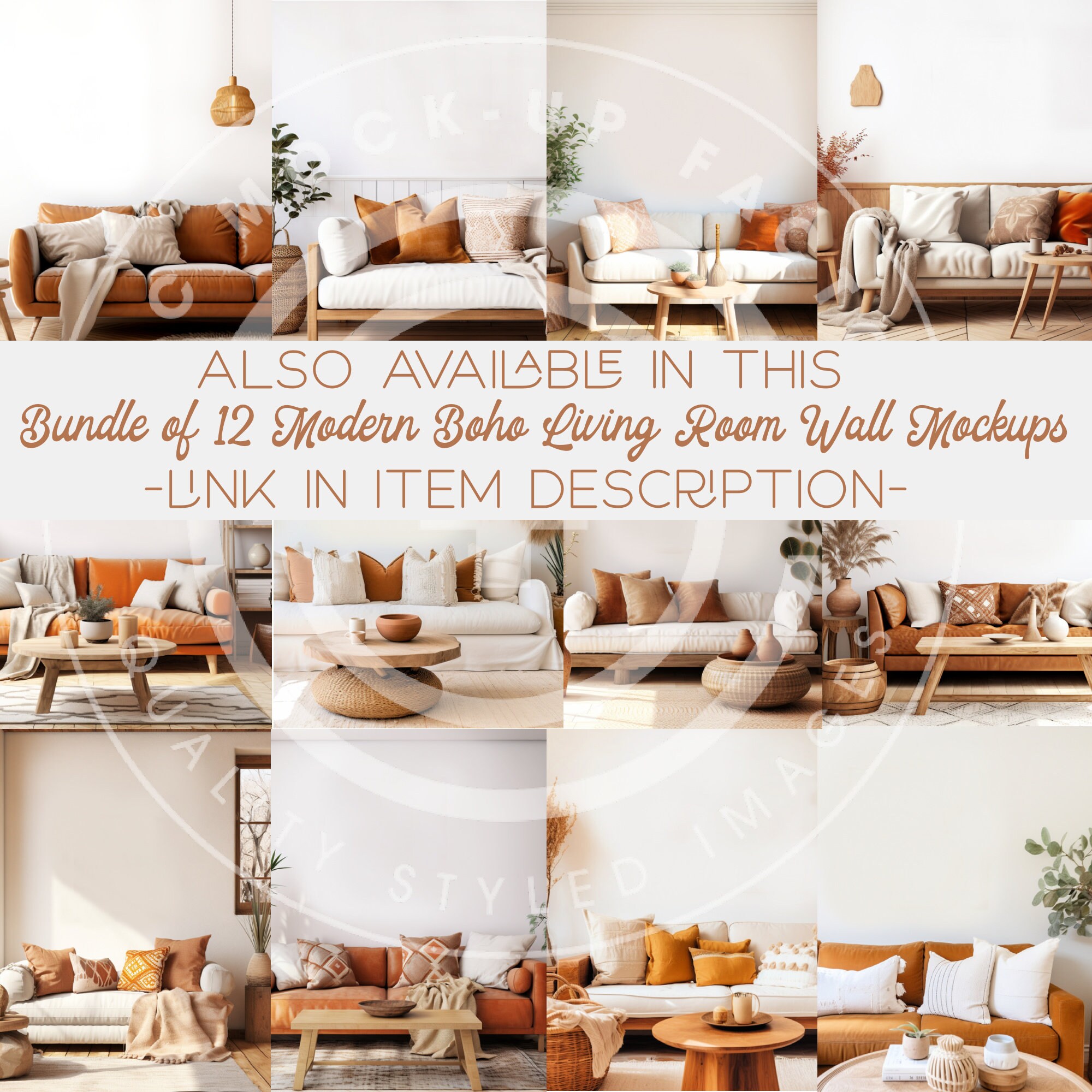 Living Room Boho Blank Wall Mockup Photo - Modern Boho Hippie Aesthetic ...