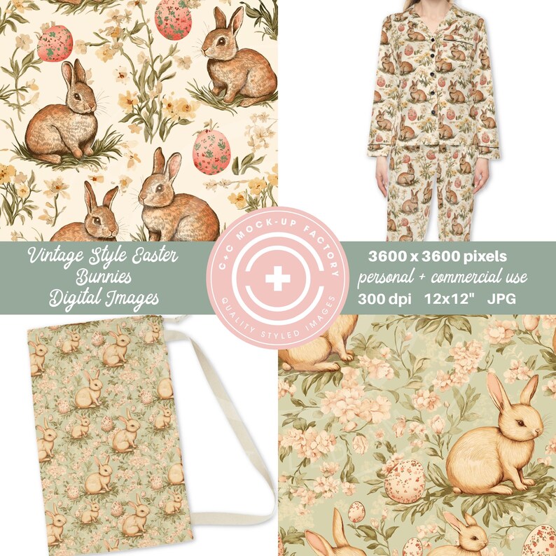 Easter Bunnies Vintage Style Seamless Digital Patterns, POD Easter ...