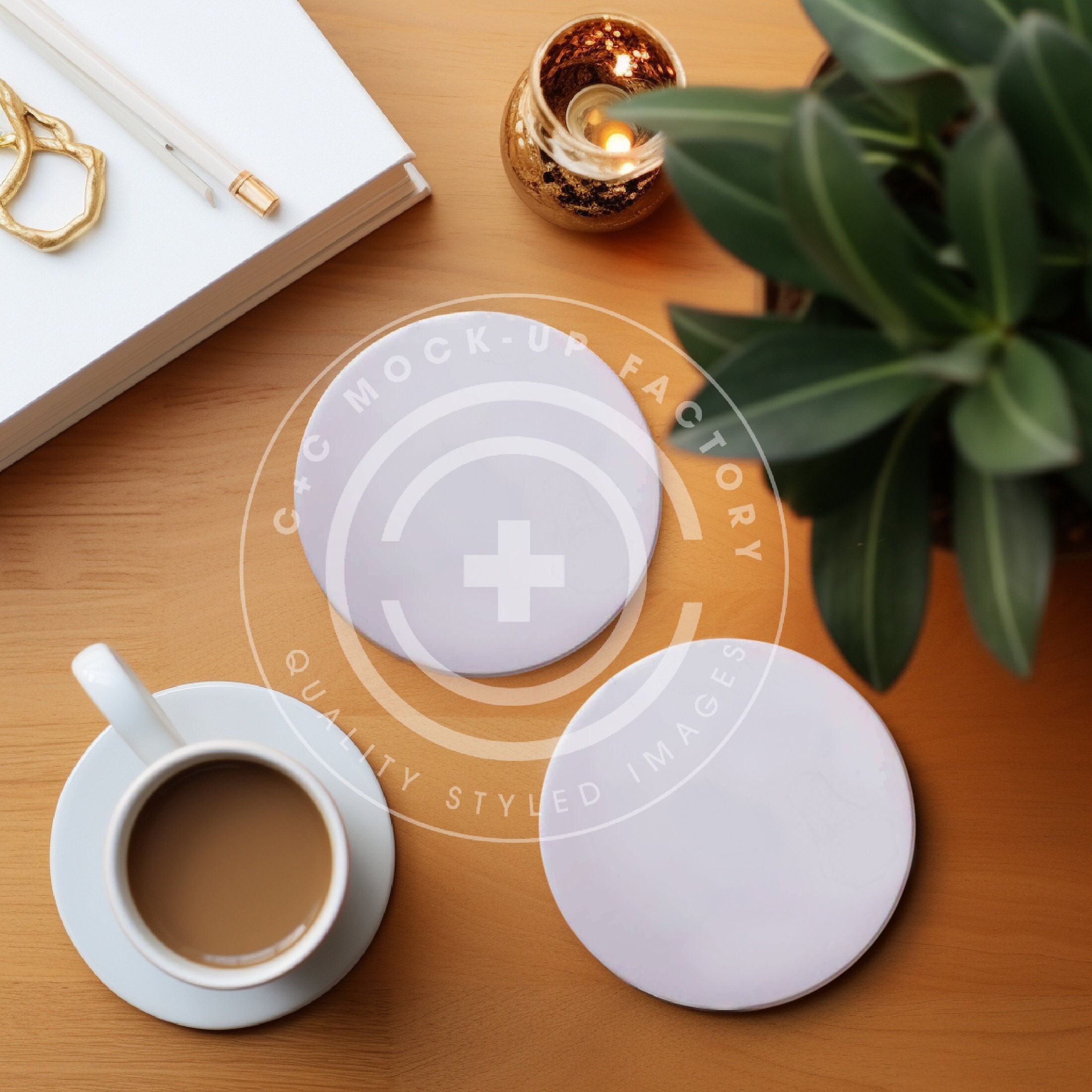 Round Ceramic 2 Coaster Mockup Photo With Cozy Coffee & Plant - Etsy