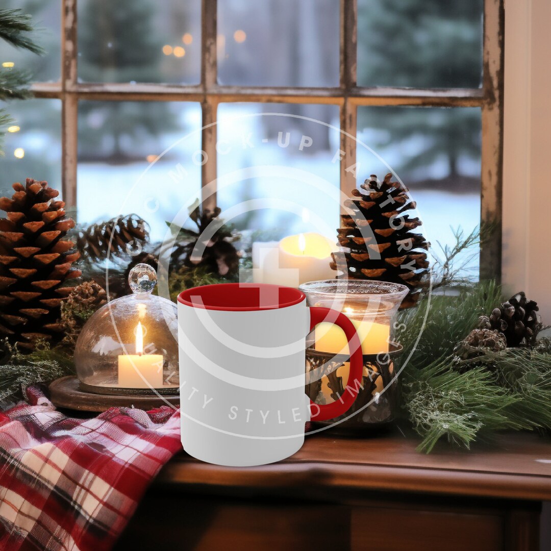 Christmas 11 Oz Red Handle Mug Mockup - Rustic Farmhouse Woodland ...