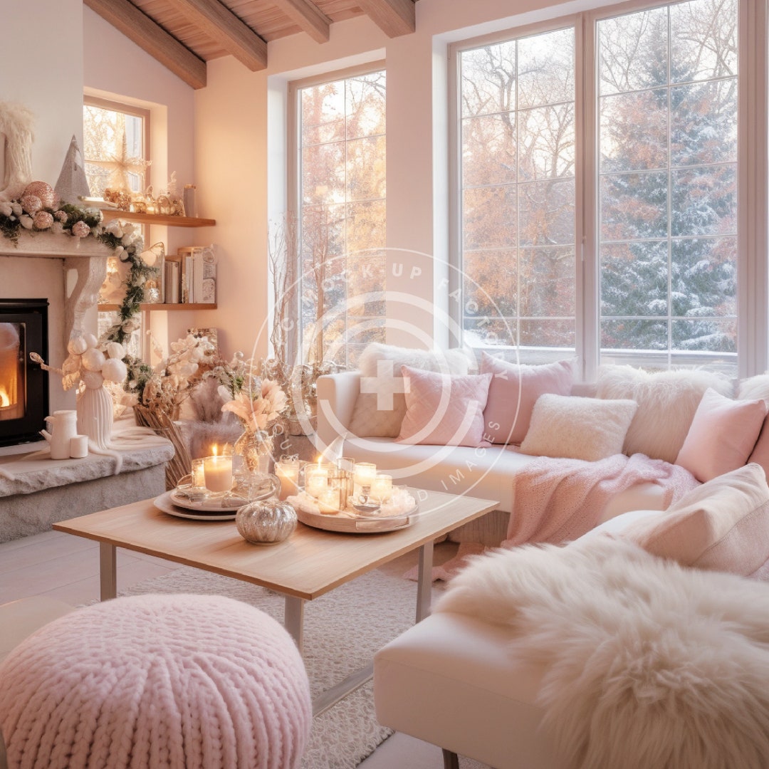 Pink Christmas Living Room Stock Image/mockup - Pastel Pink Holiday ...