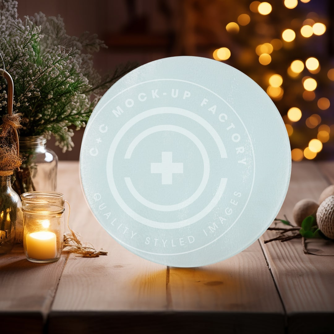 Round Cutting Board Mockup Photo Tempered Glass Circle With Warm Rustic ...