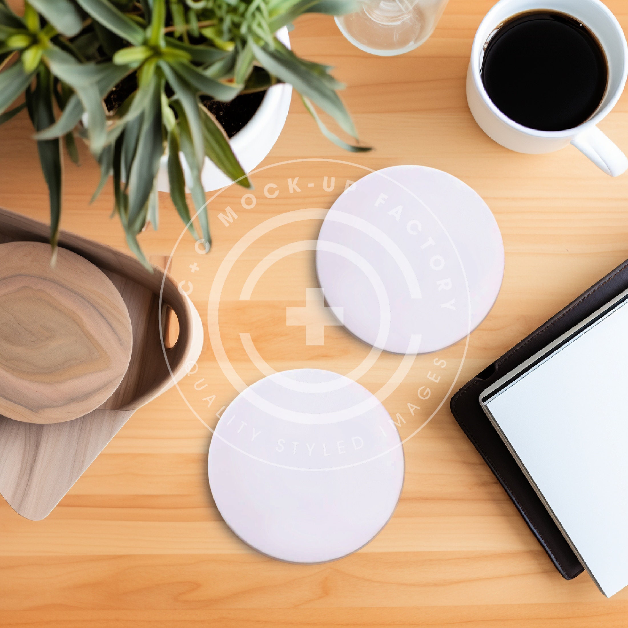 Round Ceramic 2 Coaster Mockup Photo With Cozy Coffee & Plant - Etsy