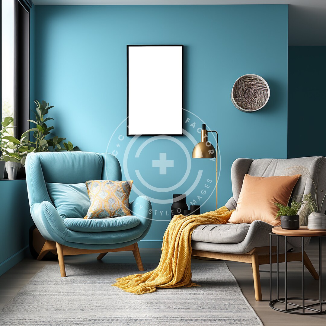Maximalism Frame 1:2 Mockup Photo With Decor - Blue Walls - Blank ...