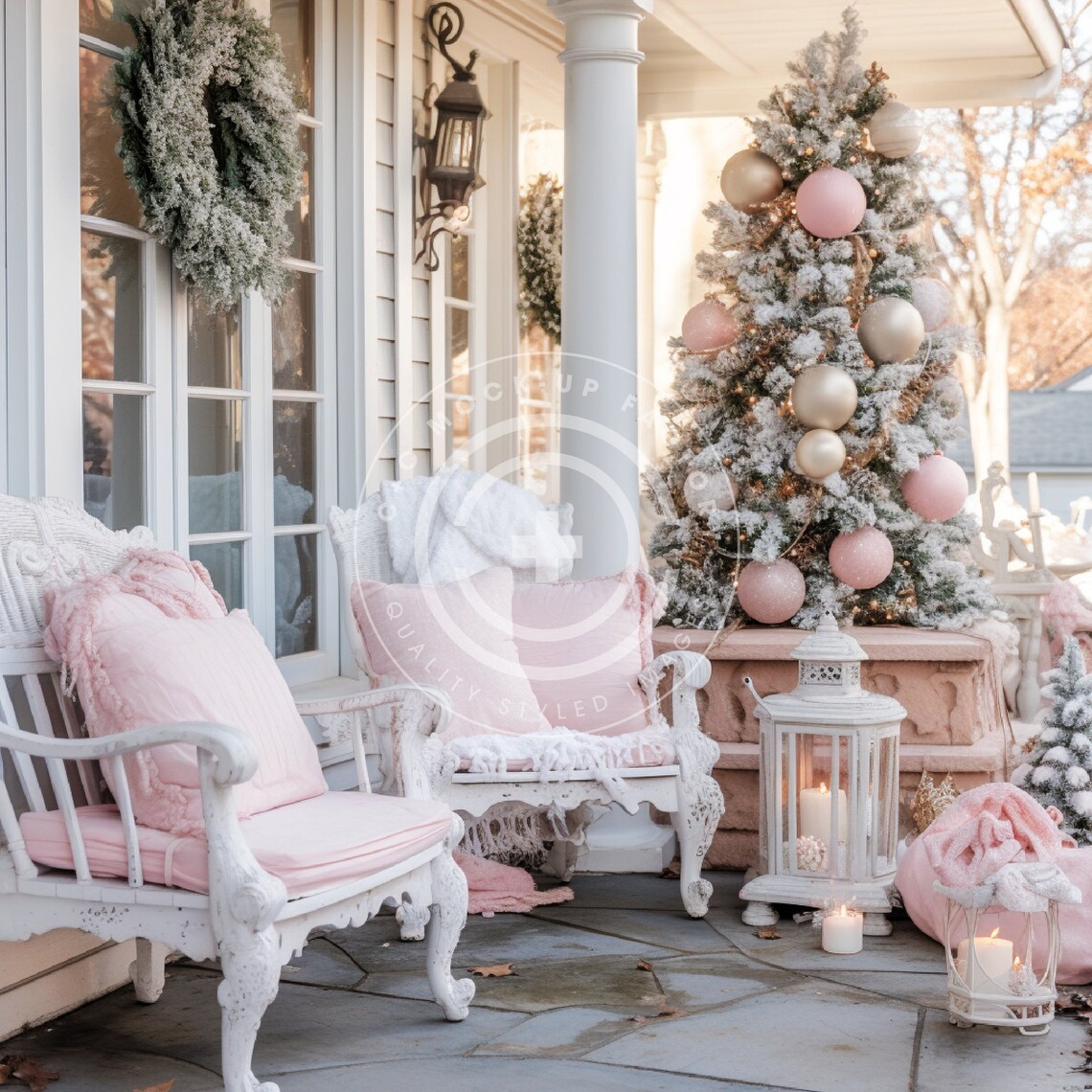 Pink Christmas Front Porch Stock Photo Mockup Image - Multi-use Outdoor ...