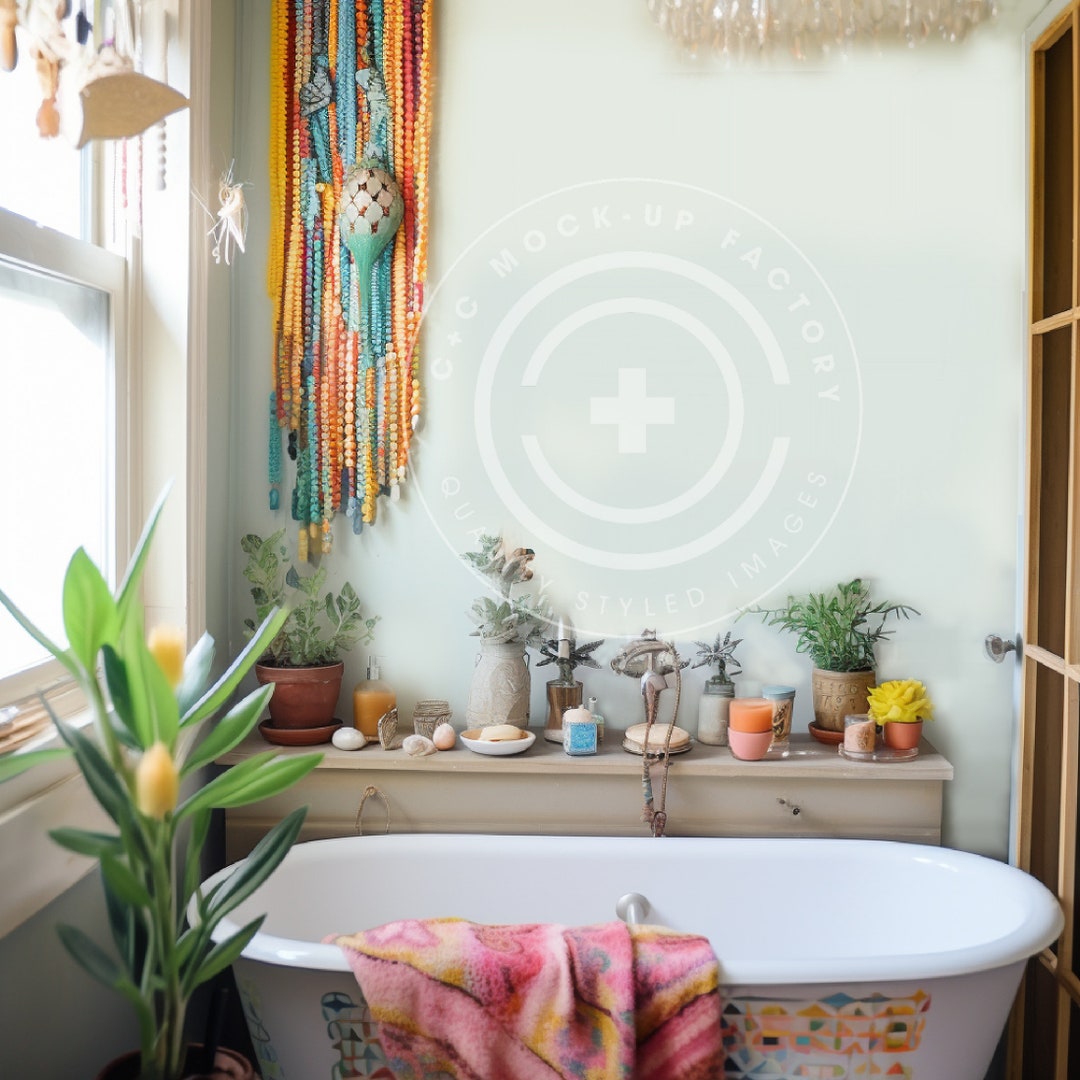Bathroom Boho Blank Wall Mockup Photo - Colorful Indie Boho Hippie ...