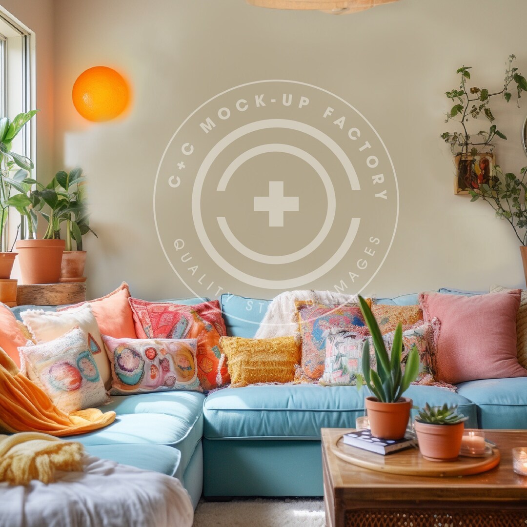 Living Room Boho Blank Wall Mockup Photo Colorful Indie Boho Hippie ...
