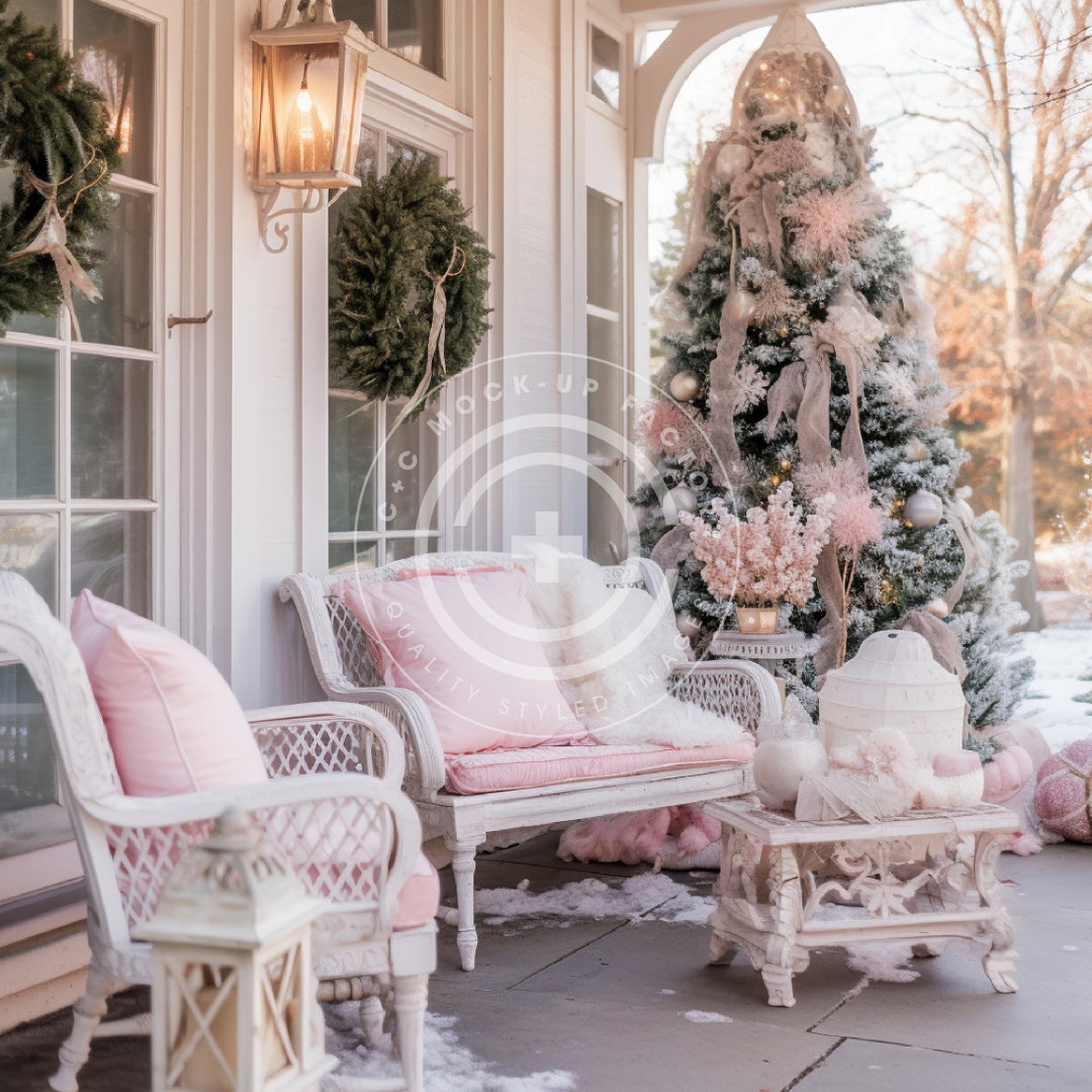 Pink Christmas Front Porch Stock Photo Mockup Image - Multi-use Outdoor ...