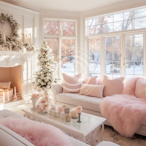 Pink Christmas Living Room Stock Image/mockup - Pastel Pink Holiday ...