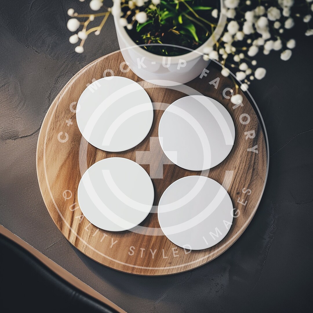 Round Ceramic - Four Coaster Mockup Photo With Cozy Plant and Wood ...
