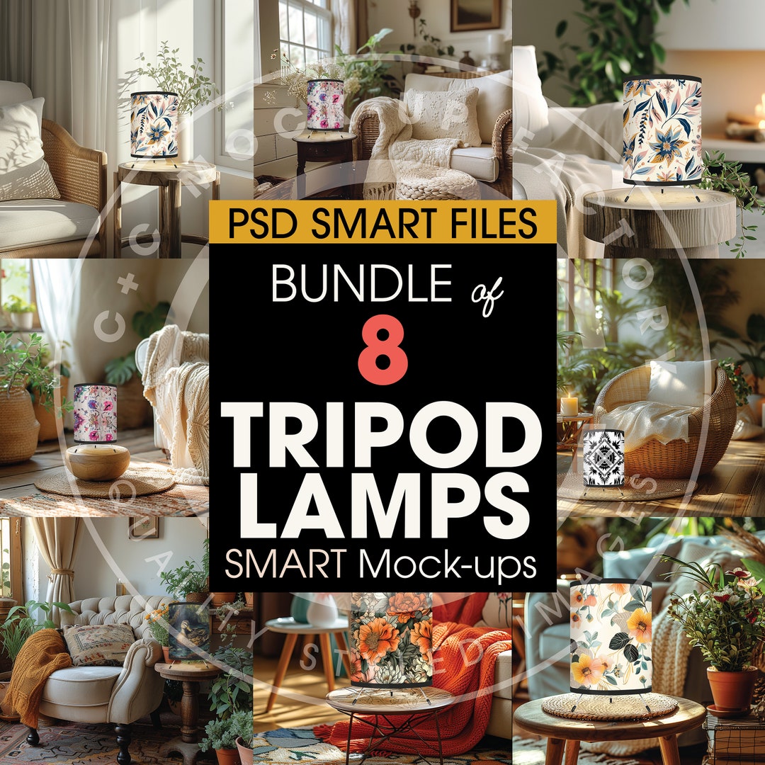 Tripod Lamp Mockup BUNDLE of 8, Editable PSD Smart Photo Mockup, AOP ...