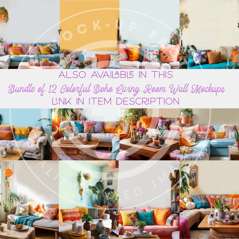 Living Room Boho Blank Wall Mockup Photo - Colorful Indie Boho Hippie ...