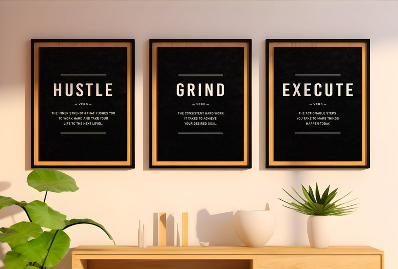 Motivational 3 Piece Set Wall Art, Hustle Grind Execute Prints ...
