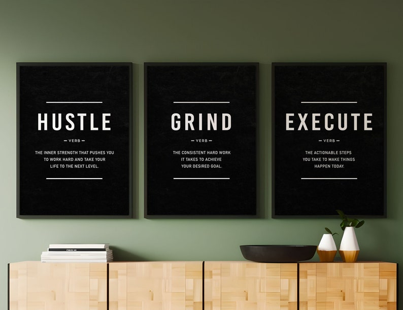 Motivational 3 Piece Set Wall Art, Hustle Grind Execute Prints ...