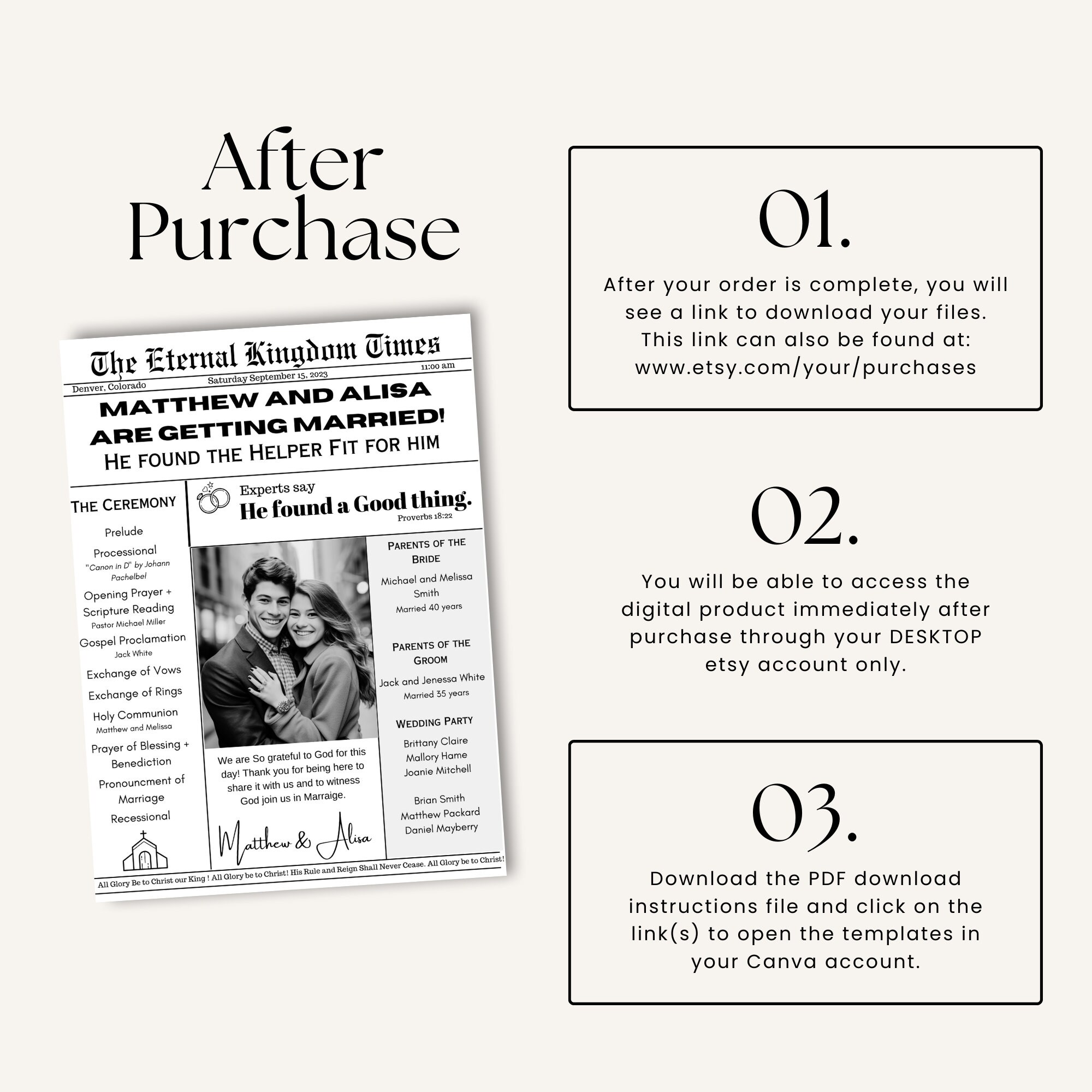 Christian Newspaper Wedding Program | Wedding Newspaper Post | Editable ...